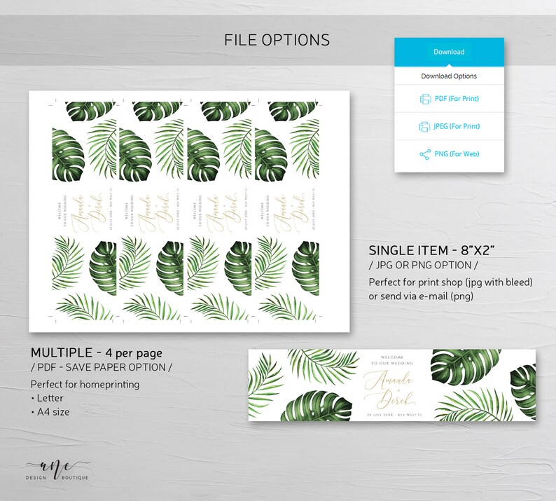 Tropical Beach Wedding Water Label Template Palm Leaf | Etsy