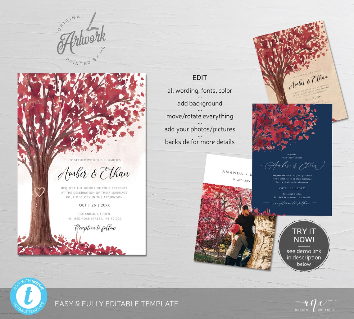 Burgundy Fall Tree Wedding Invitation Set Printable Template - Etsy