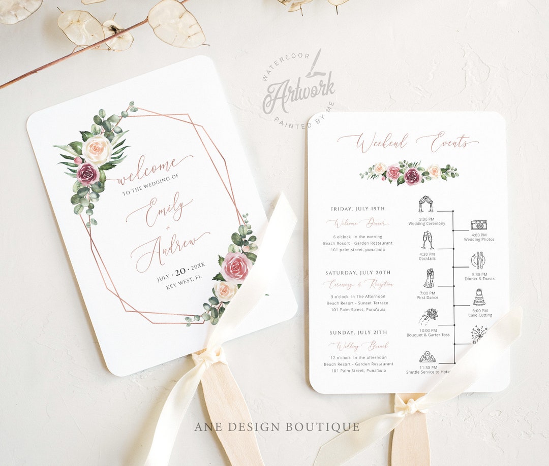 Mauve Roses Program Timeline Fan Template, Floral Wedding Order of ...