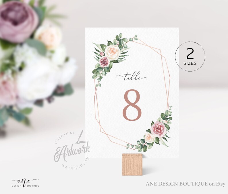 Geometric Boho Table Number Card Template, Eucalyptus, Mauve Roses ...
