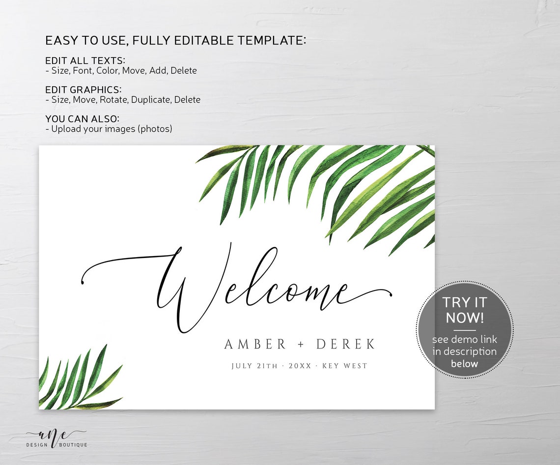 Tropical Wedding Welcome Sign Template Beach Greenery Palm | Etsy
