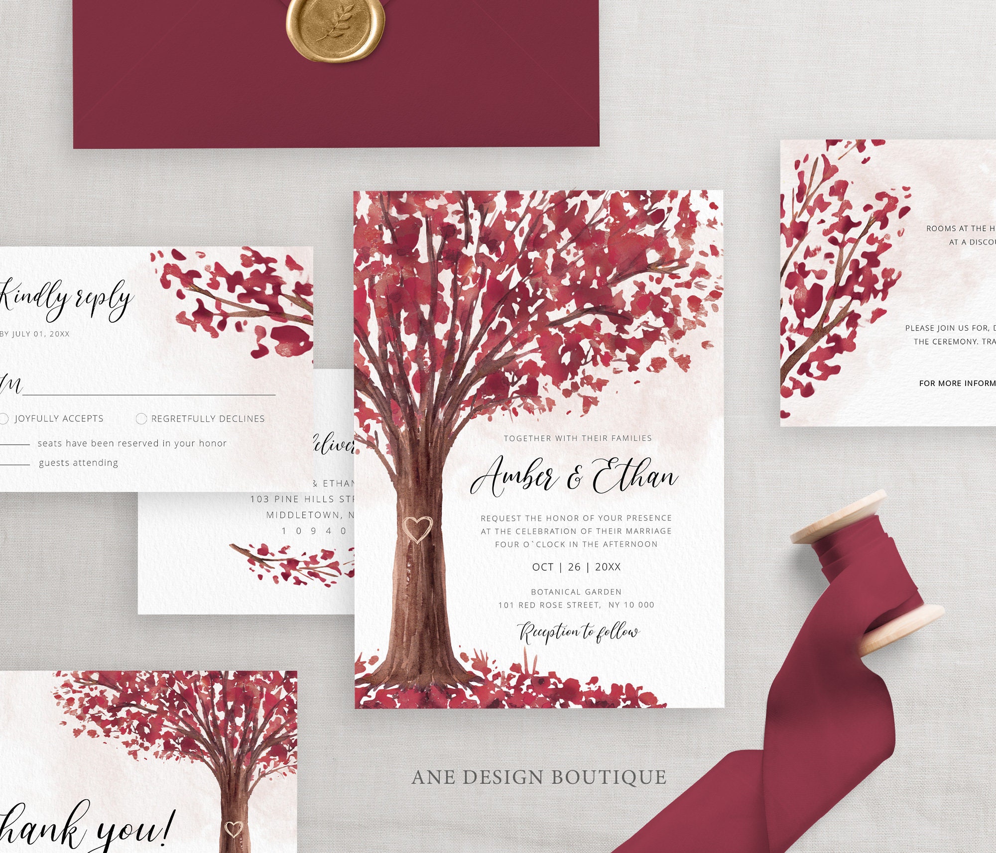 Burgundy Fall Tree Wedding Invitation Set Printable Template - Etsy