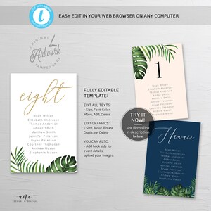 Tropical Seating Chart Template, Table Number Cards, Beach Greenery ...