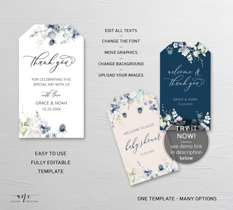 Dusty Blue Wedding Favor Tag Template, Winter Rustic Wildflowers Thank ...