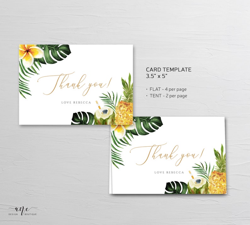 Tropical Thank You Card Template Editable Flat & Folded Note - Etsy