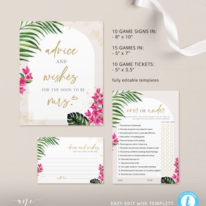 Tropical Bridal Shower Games Signs Tickets Bundle Editable Template ...