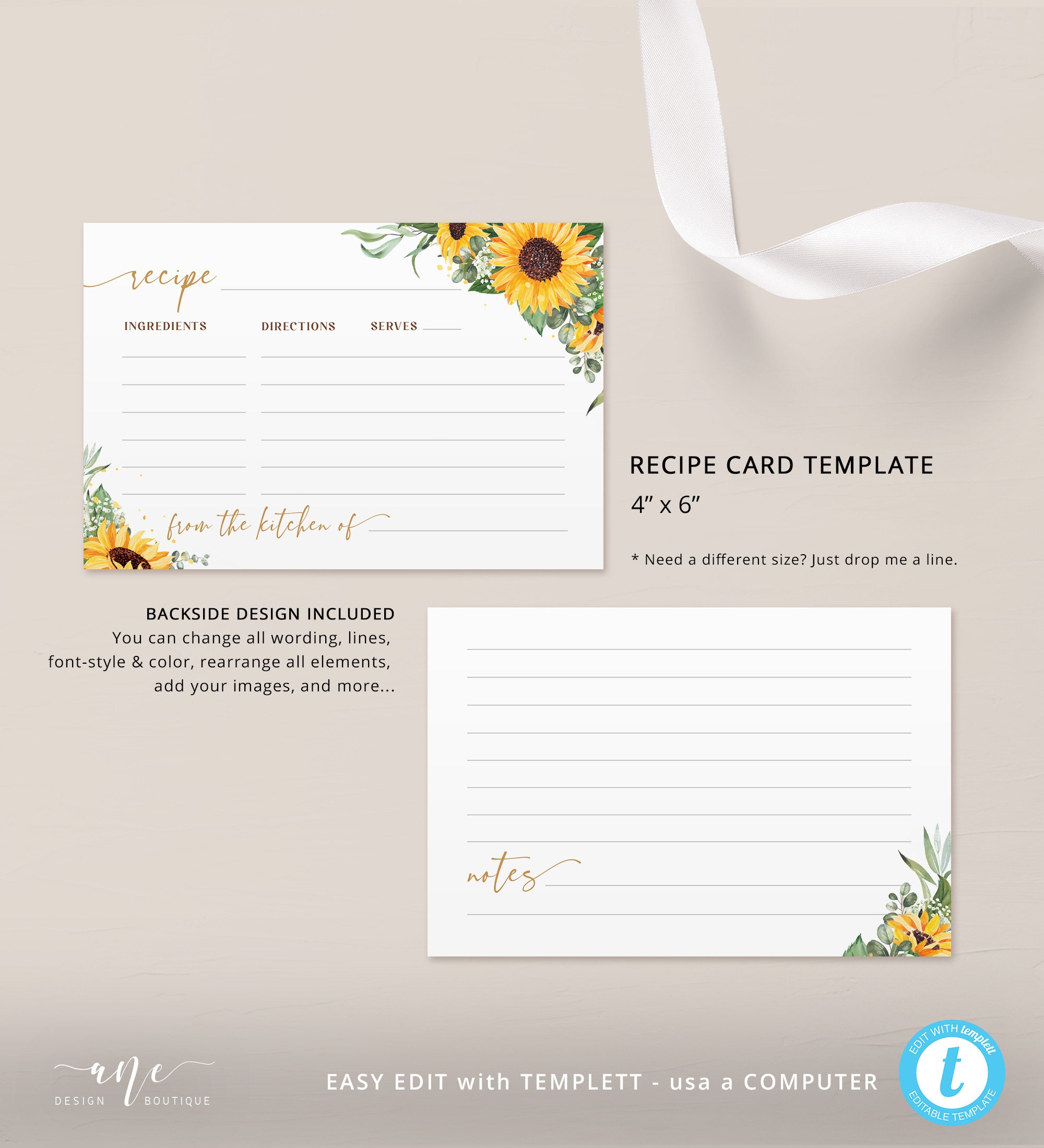 Editable Sunflower Recipe Card Printable Template, DIY Bridal Shower ...