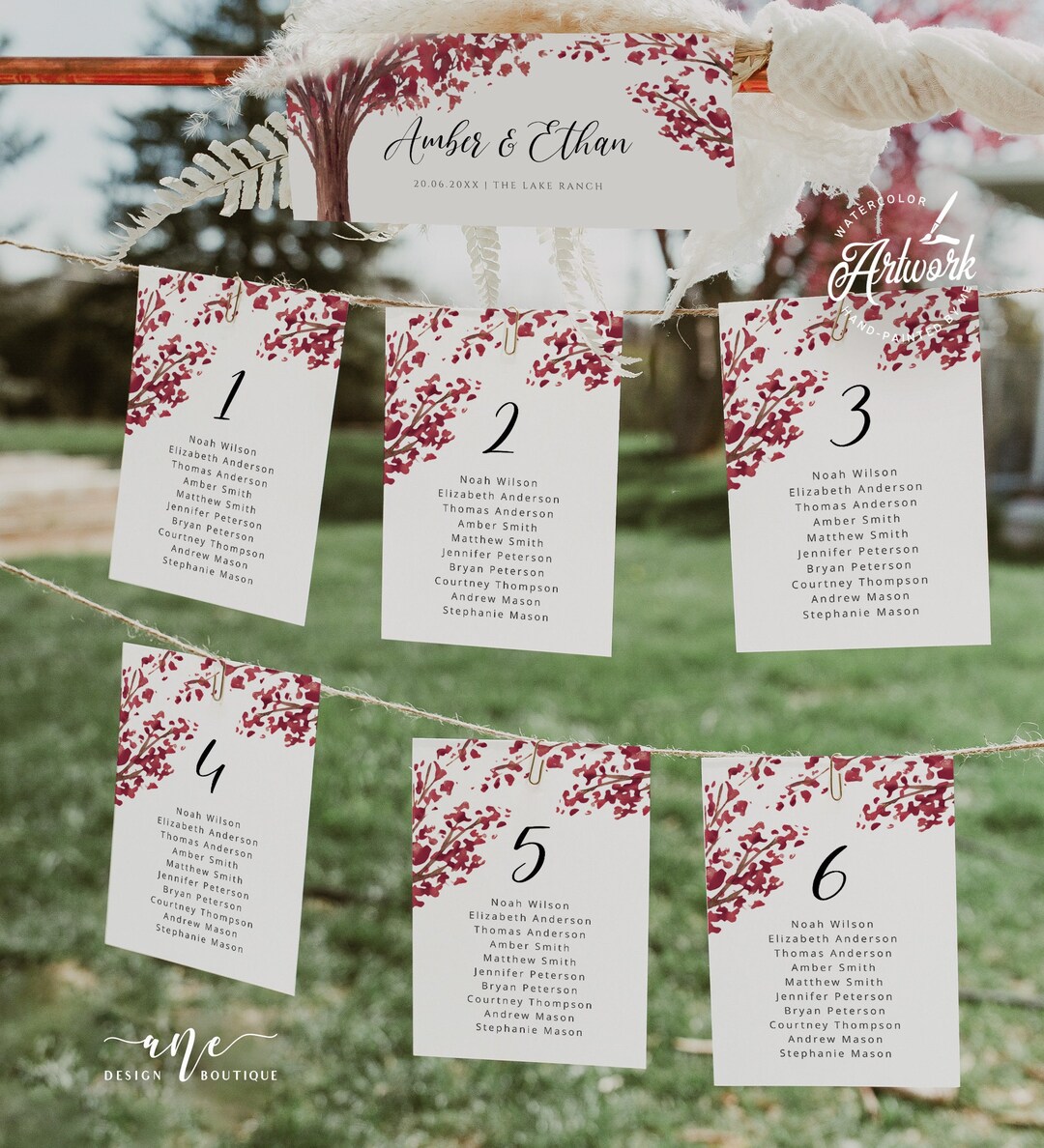 Rustic Fall Burgundy Wedding Seating Chart Card Template, Guest Names ...
