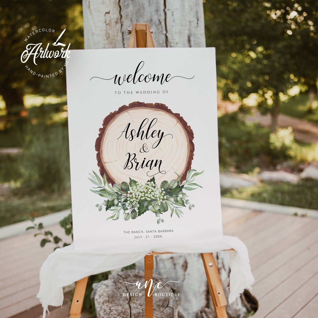 Wood Slice Rustic Wedding Welcome Sign Template, Country Barn Greenery ...