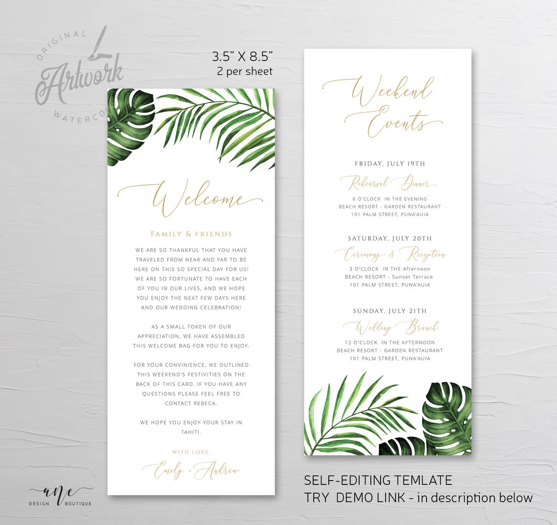 Tropical Welcome Letter Itinerary Template Beach Wedding - Etsy