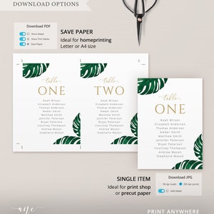 Monstera Seating Chart Template, Table Number Cards, Beach Palm Leaves ...