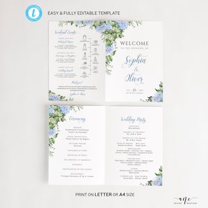 Dusty Blue Hydrangea Wedding Program + Timeline Booklet Printable Template, Ceremony Bi-fold ...