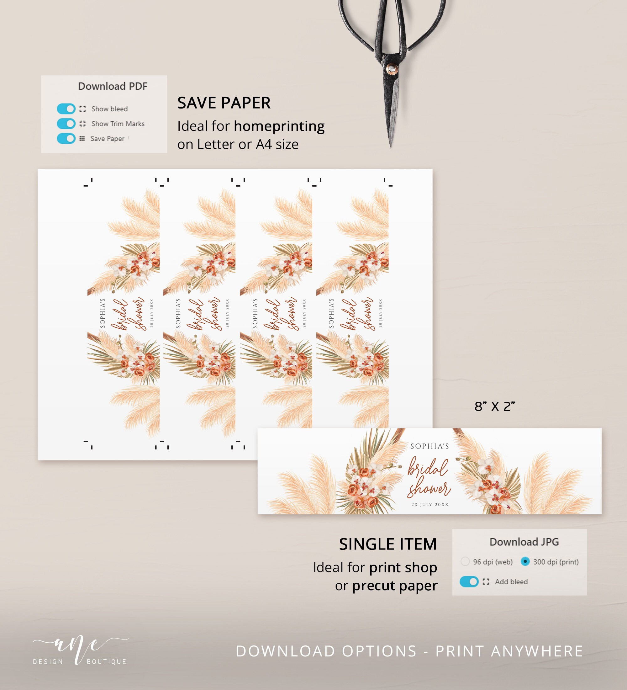 Boho Water Bottle Label Editable Template Terracotta Pampas | Etsy