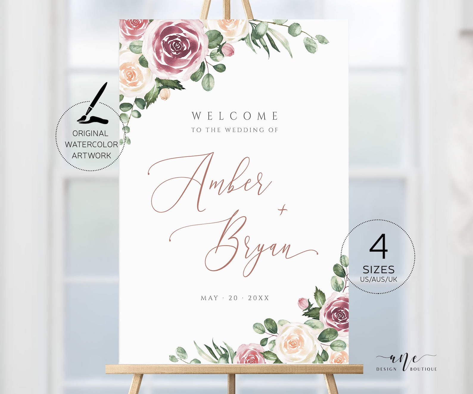 Mauve Floral Wedding Welcome Sign Template, Dusty Roses & Eucalyptus ...