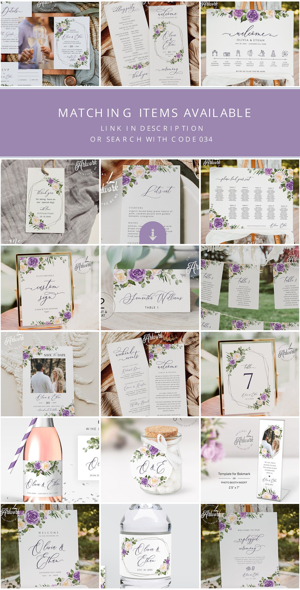 Modern Purple Seating Chart Template, Table Number Cards, Lavender ...