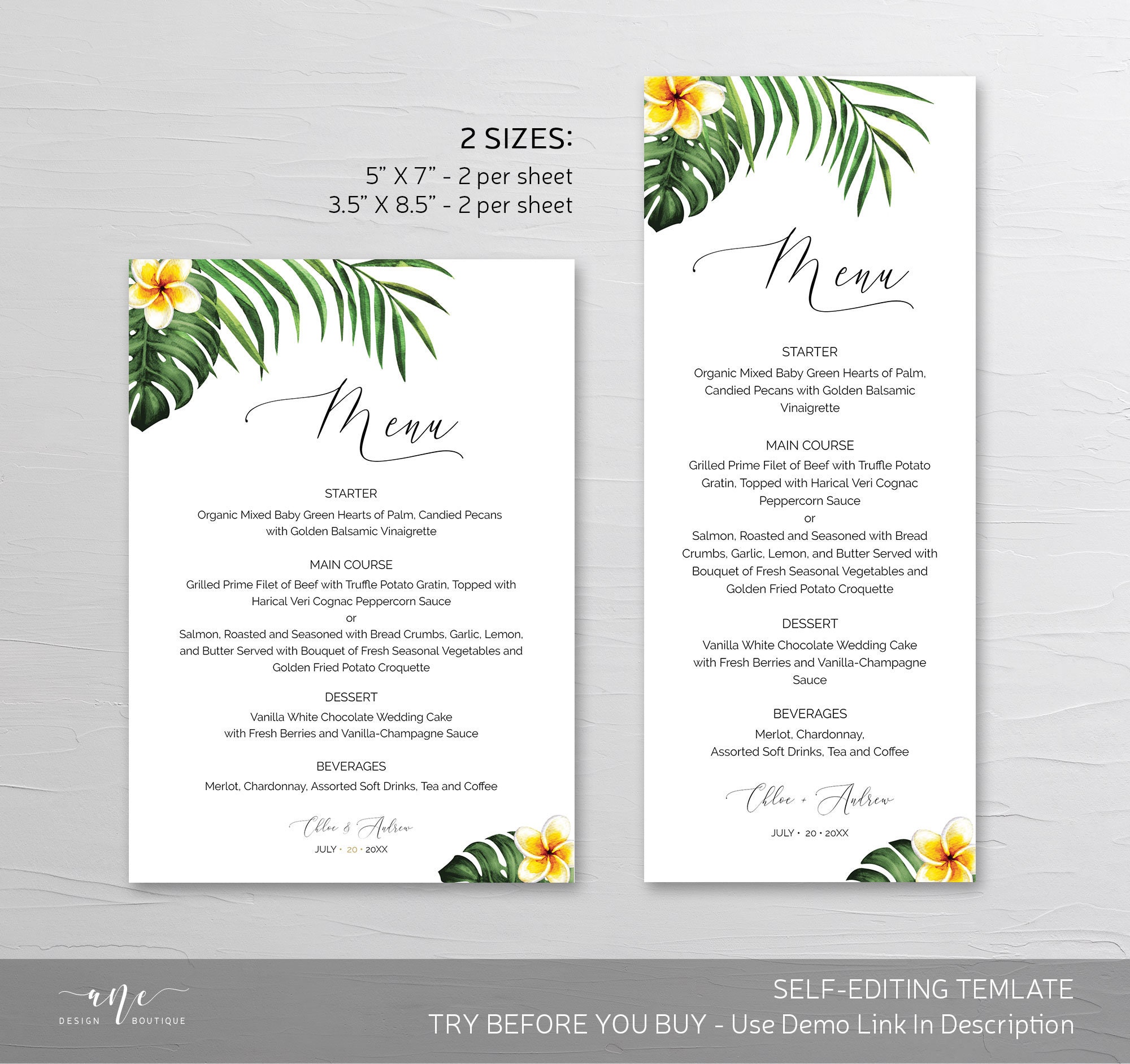 Tropical Greenery Wedding Menu Template Editable Printable | Etsy