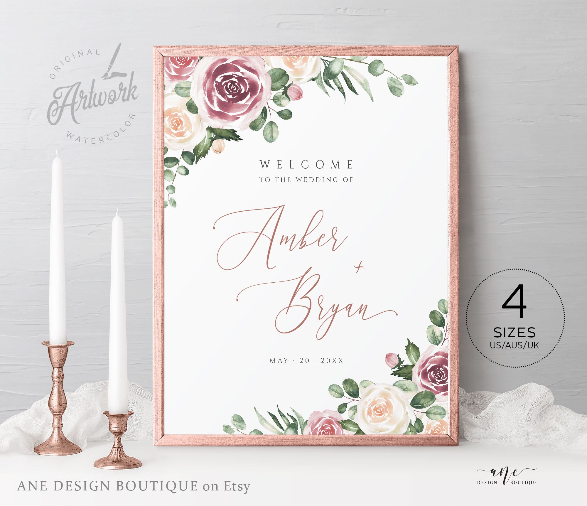 Mauve Floral Wedding Welcome Sign Template, Dusty Roses & Eucalyptus ...
