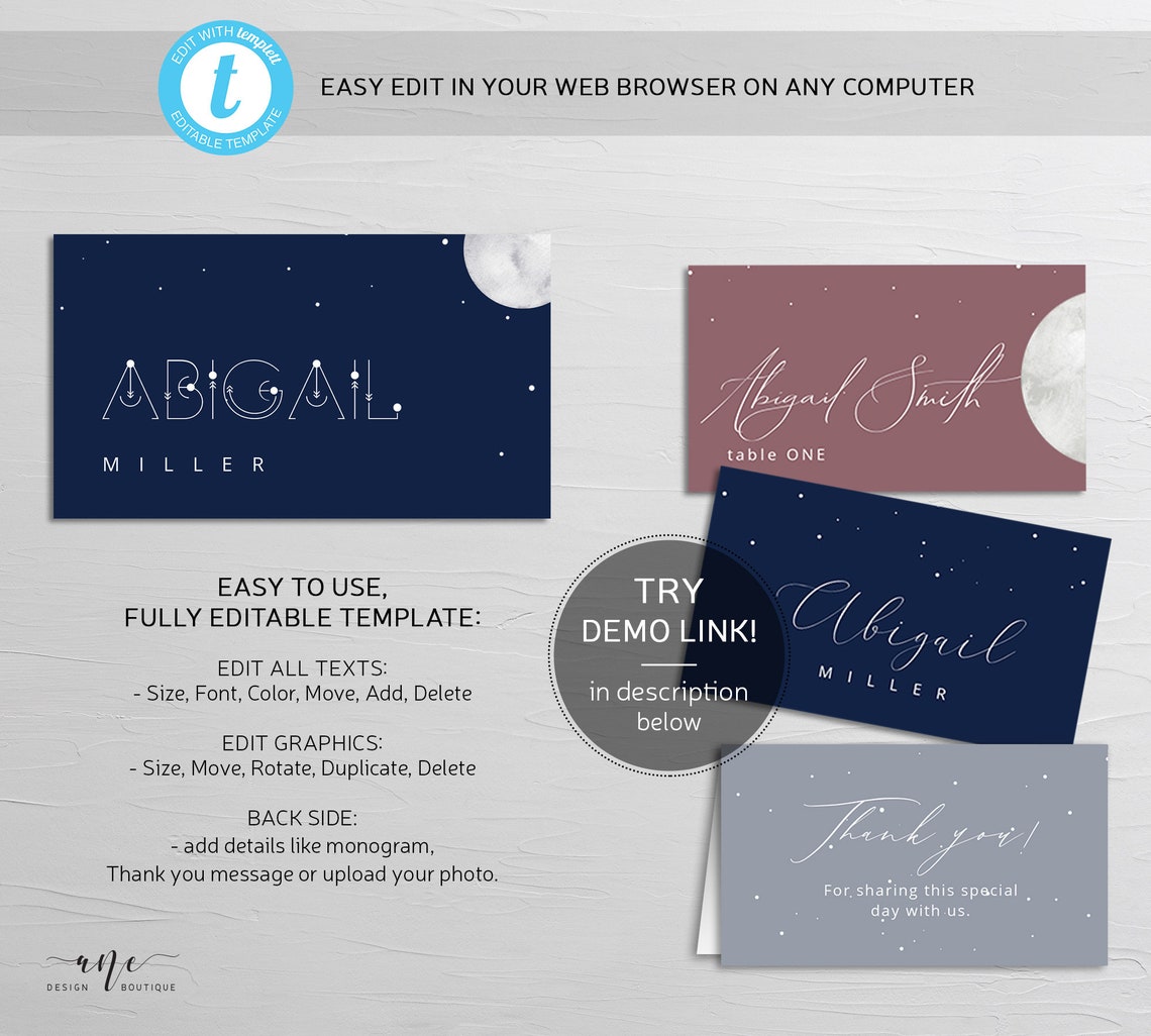 Moon and Stars Place Card Template Printable Celestial | Etsy