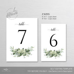 Rustic Greenery Table Numbers Template, Printable Wedding Table Seating ...