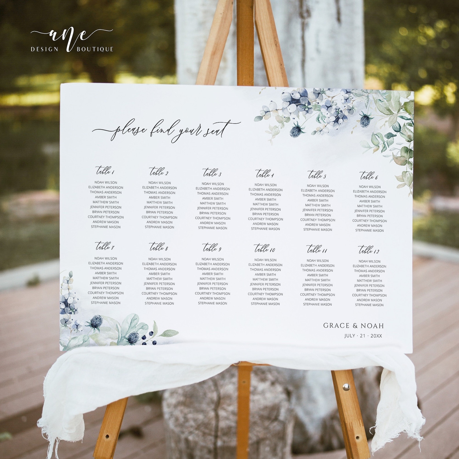 Dusty Blue Wedding Seating Chart Template, Elegant Winter Guest Seating ...