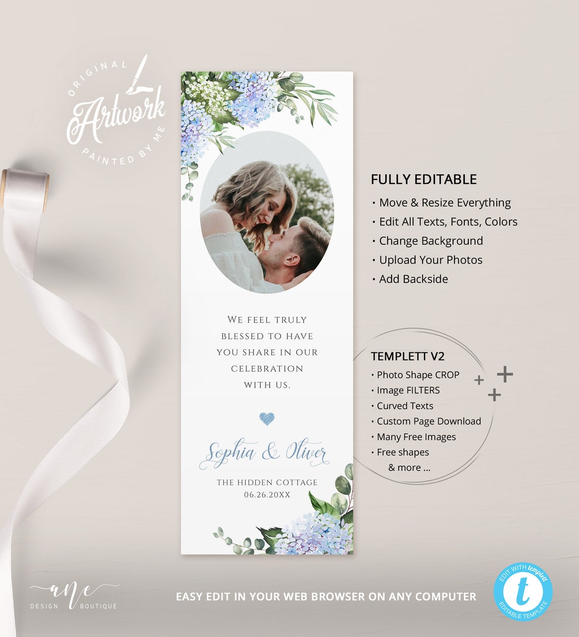 Dusty Blue Hydrangea Wedding Bookmark Favor Template Printable ...