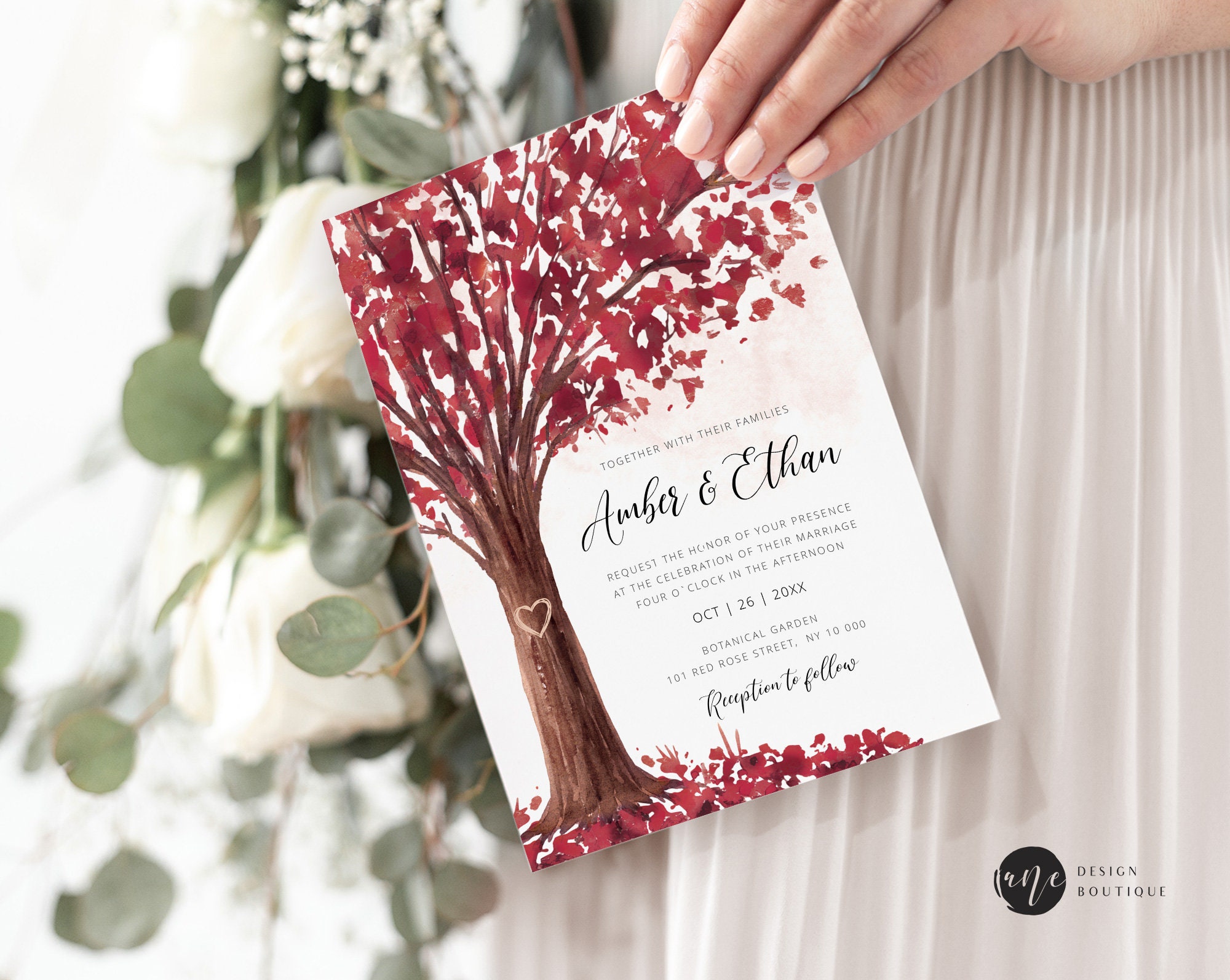 Burgundy Fall Tree Wedding Invitation Set Printable Template - Etsy