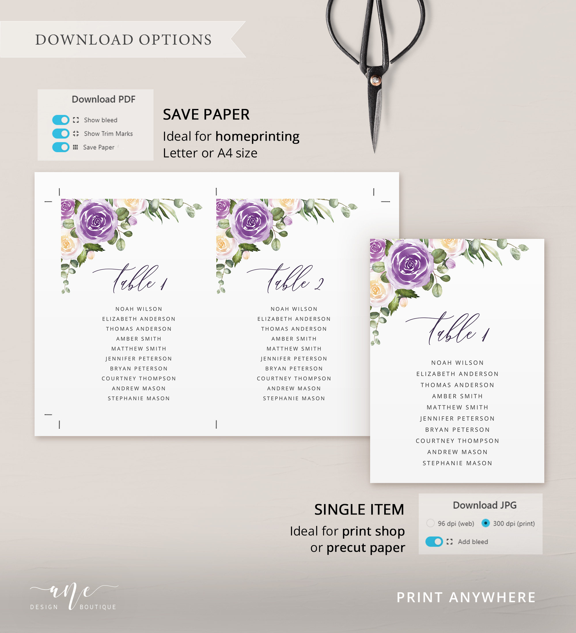 Modern Purple Seating Chart Template, Table Number Cards, Lavender ...