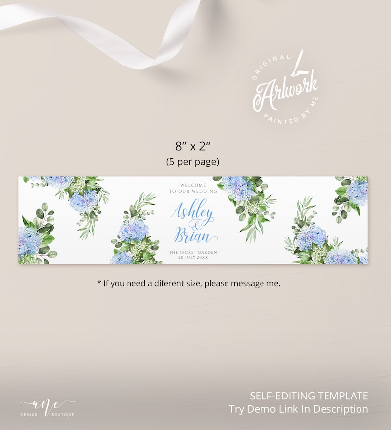 Dusty Blue Hydrangea Wedding Water Label Template, Editable Floral ...