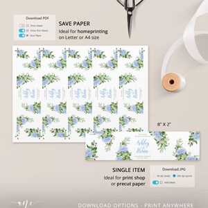 Dusty Blue Hydrangea Wedding Water Label Template, Editable Floral ...