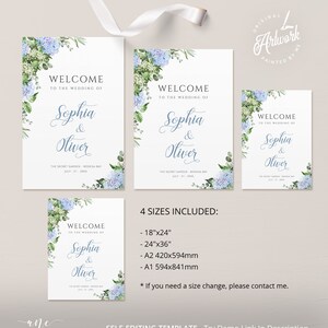 Blue Hydrangea Wedding Vertical Welcome Sign Template, Rustic Garden ...