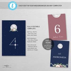 Celestial Moon Wedding Table Numbers Template, Starry Night Sky Bridal ...
