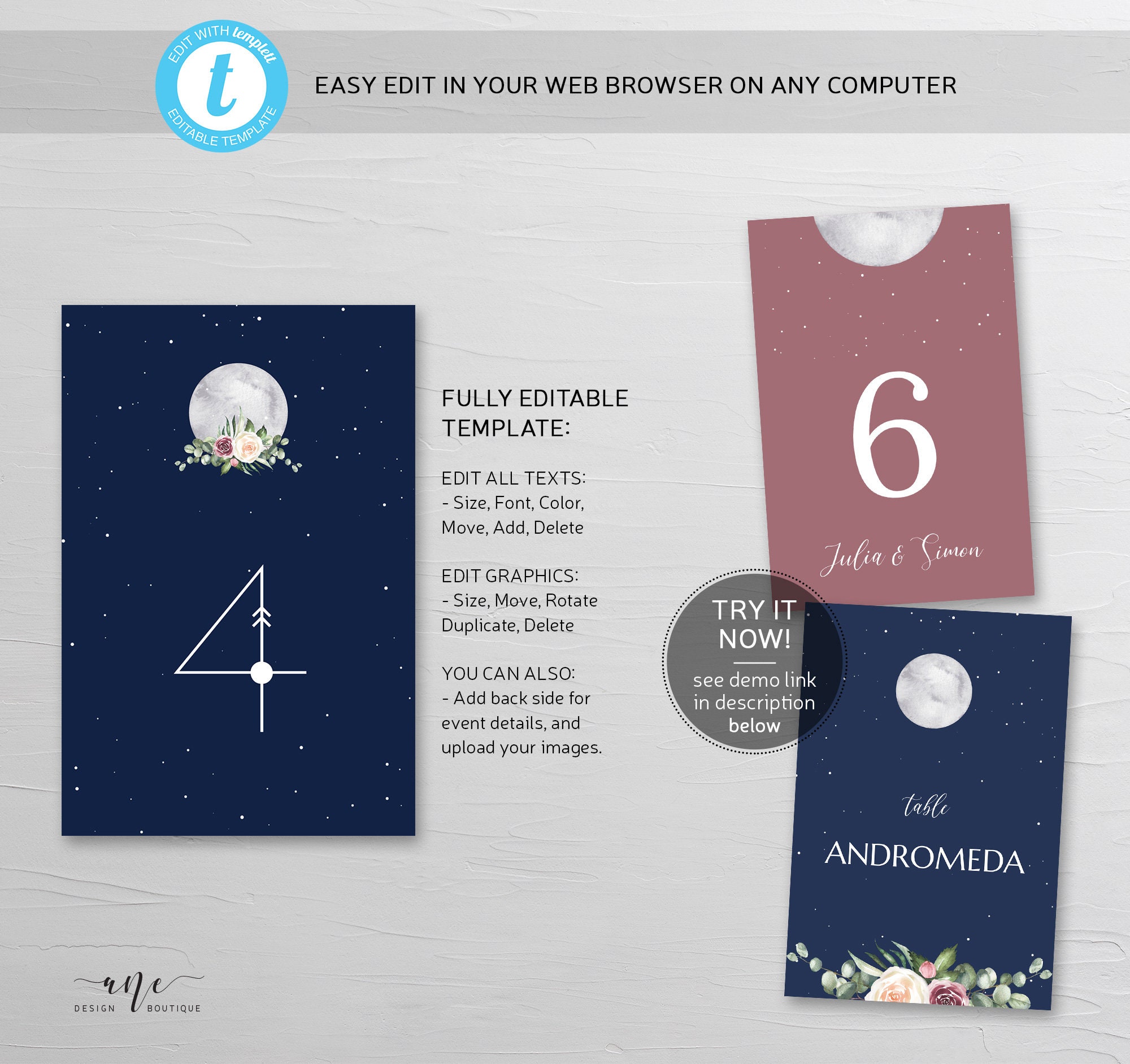 Celestial Moon Wedding Table Numbers Template Starry Night | Etsy