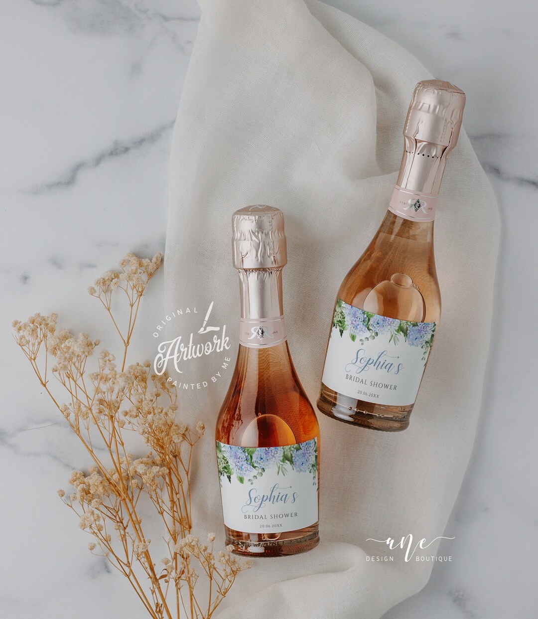 Dusty Blue Hydrangea Champagne Editable Label Template, Bridal Shower ...