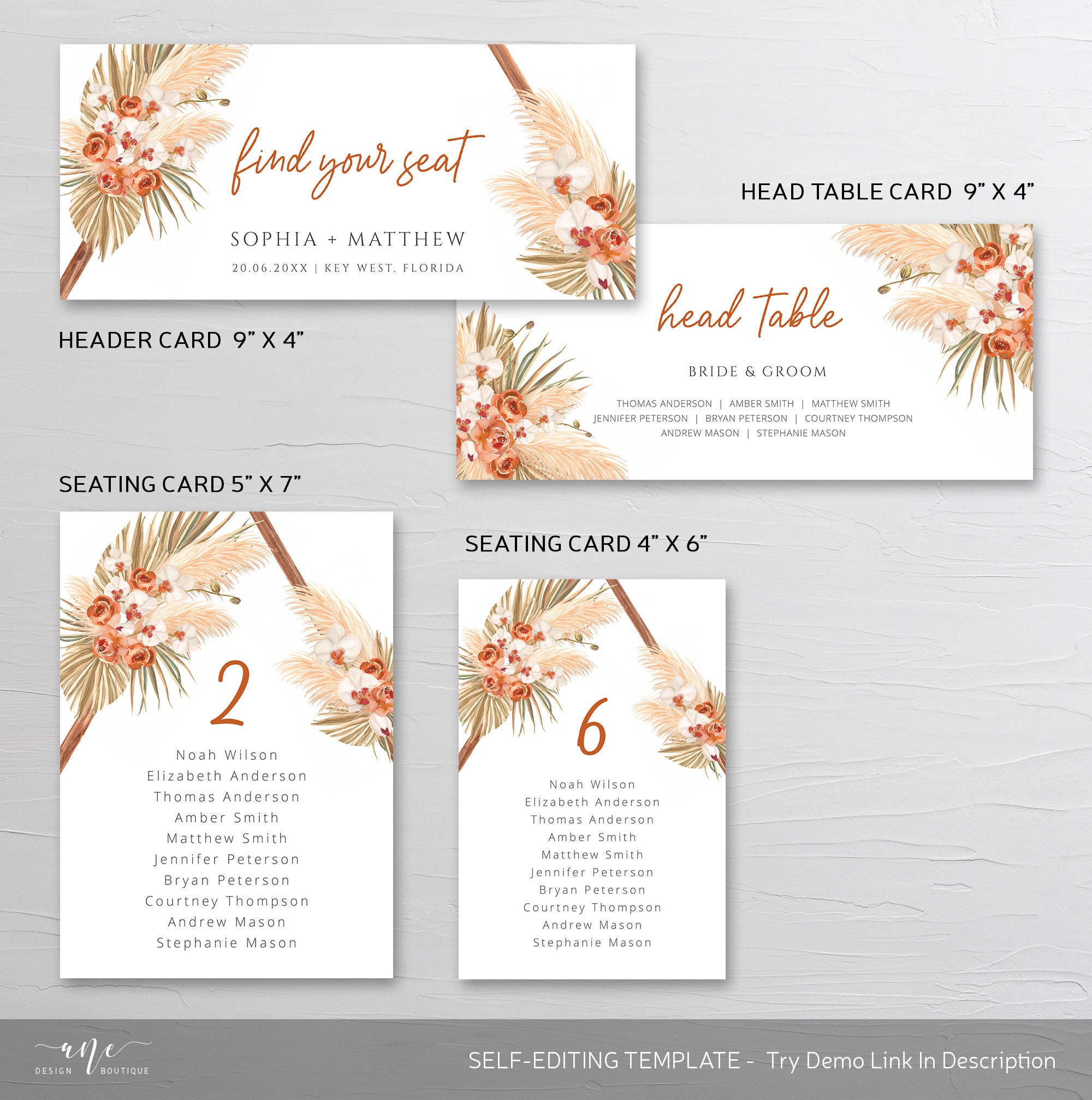 Boho Pampas Grass Seating Chart Template, Guest Names Table Cards ...
