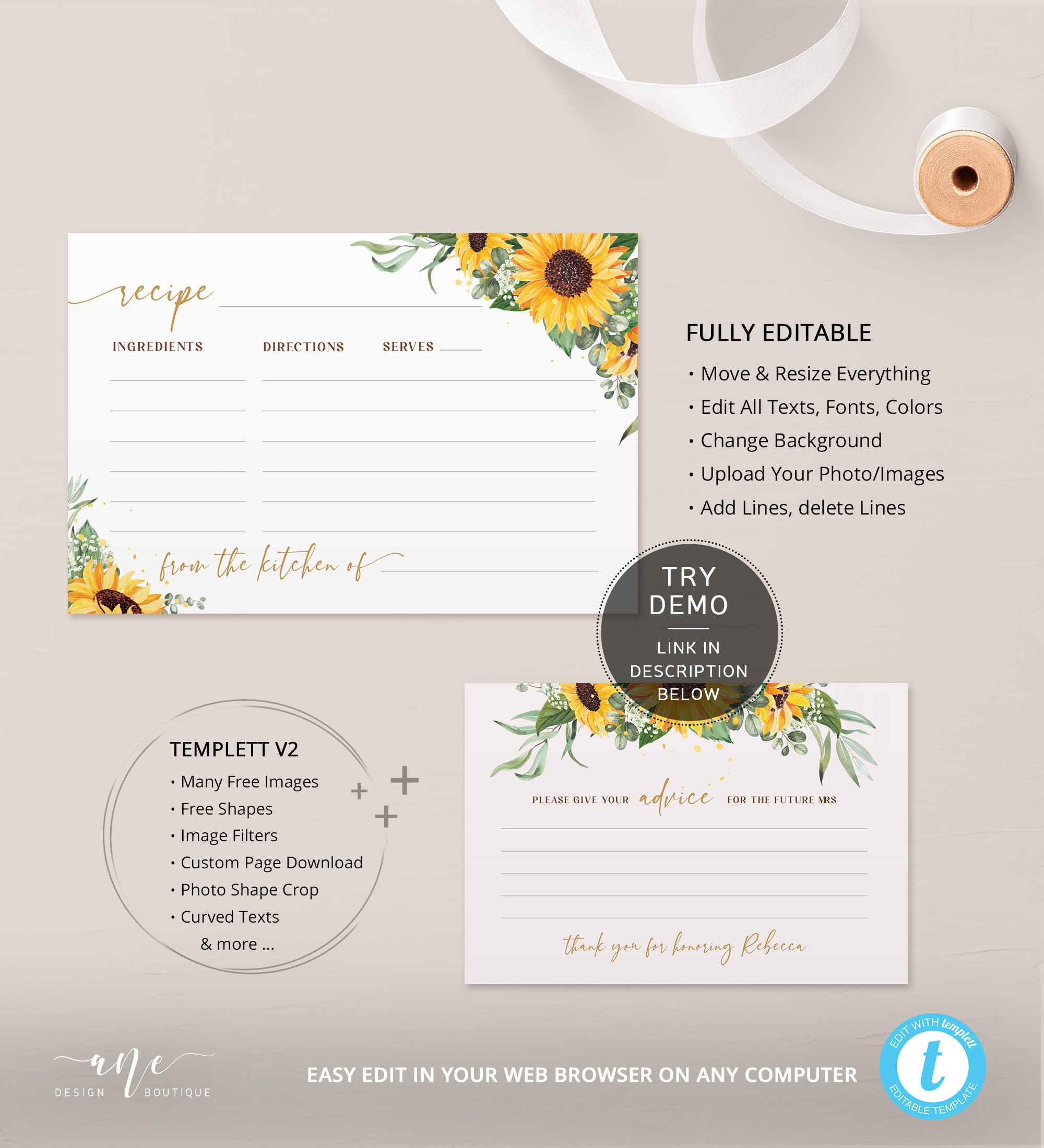 Editable Sunflower Recipe Card Printable Template, DIY Bridal Shower ...