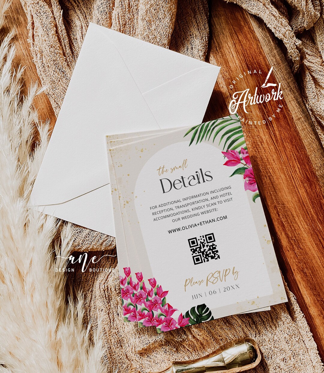 Bougainvillea Tropical QR Code Details Card Template, Palm Destination ...