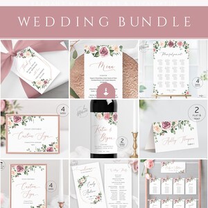 Boho Floral Wedding Sign Template, Eucalyptus Mauve Roses Watercolor ...