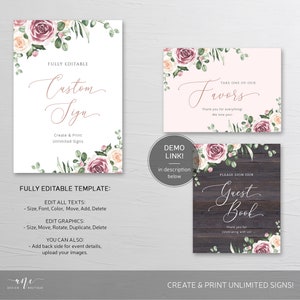 Boho Floral Wedding Sign Template, Eucalyptus Mauve Roses Watercolor ...