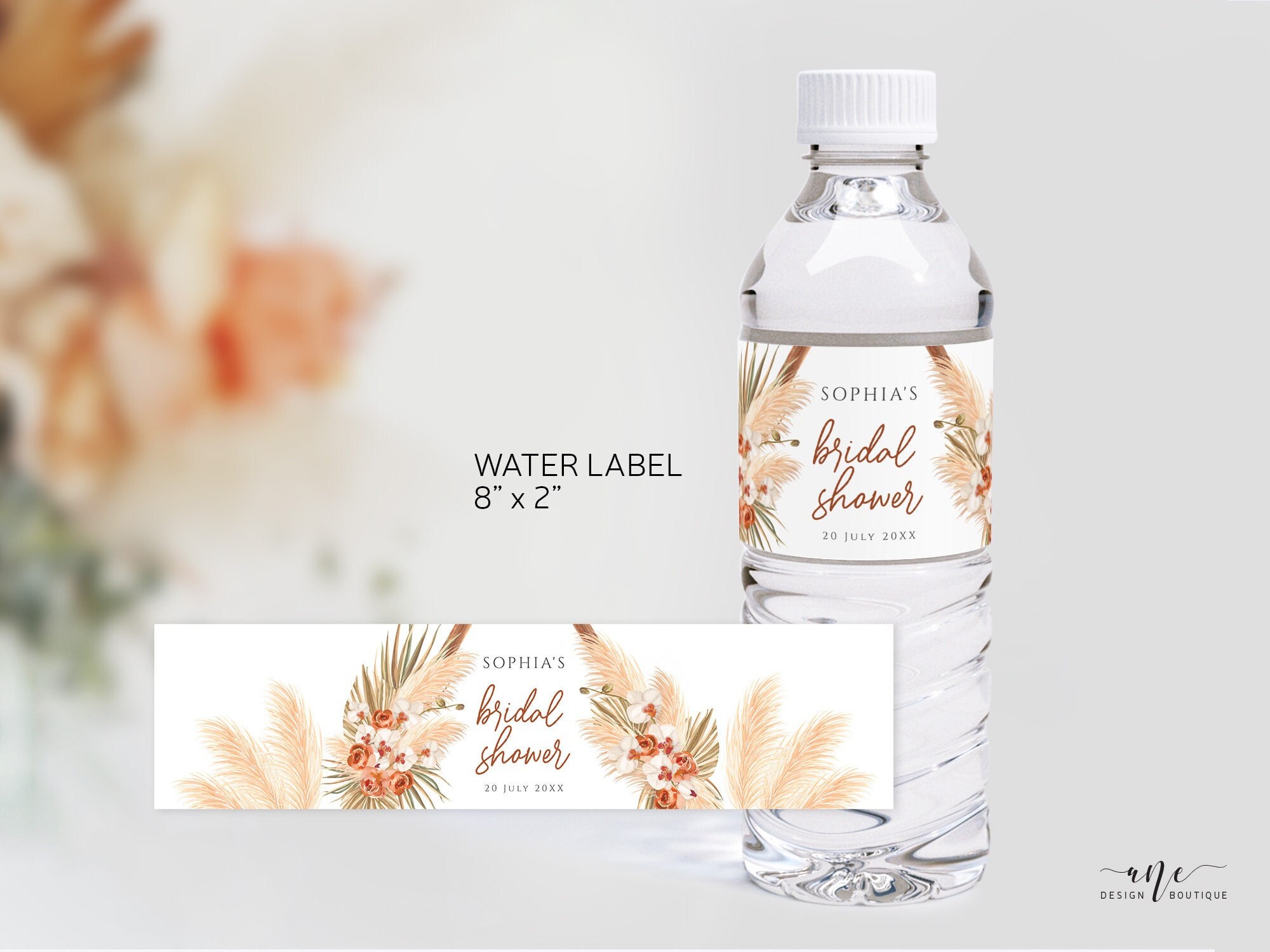 Boho Water Bottle Label Editable Template Terracotta Pampas - Etsy
