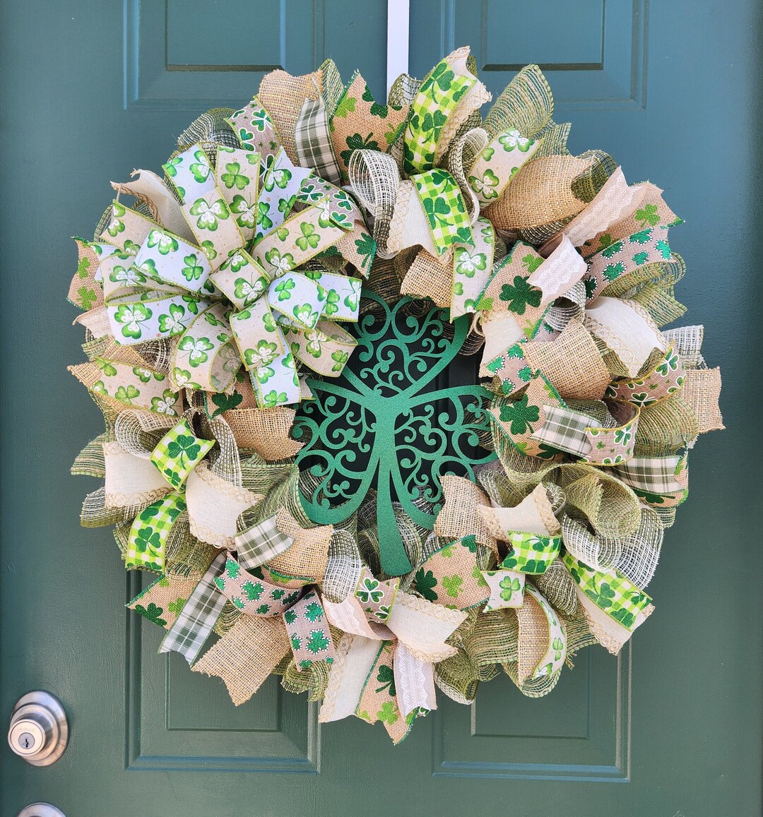 Jute Mesh St Patricks Day Door Wreath in Neutral Gold and Greens With a ...