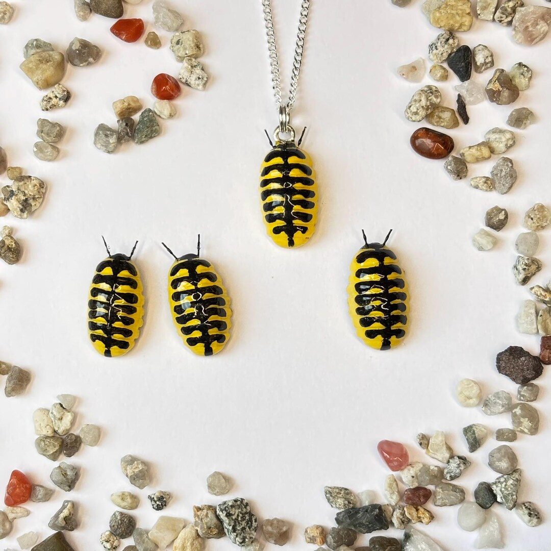 Polymer Clay Isopod Jewelry Set: Yellow & Black Bug Earrings, Pendant ...