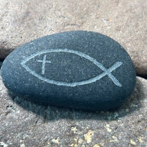 Christian Fish Symbol ICHTHYS- Pocket Size Engraved Stone, Customized ...