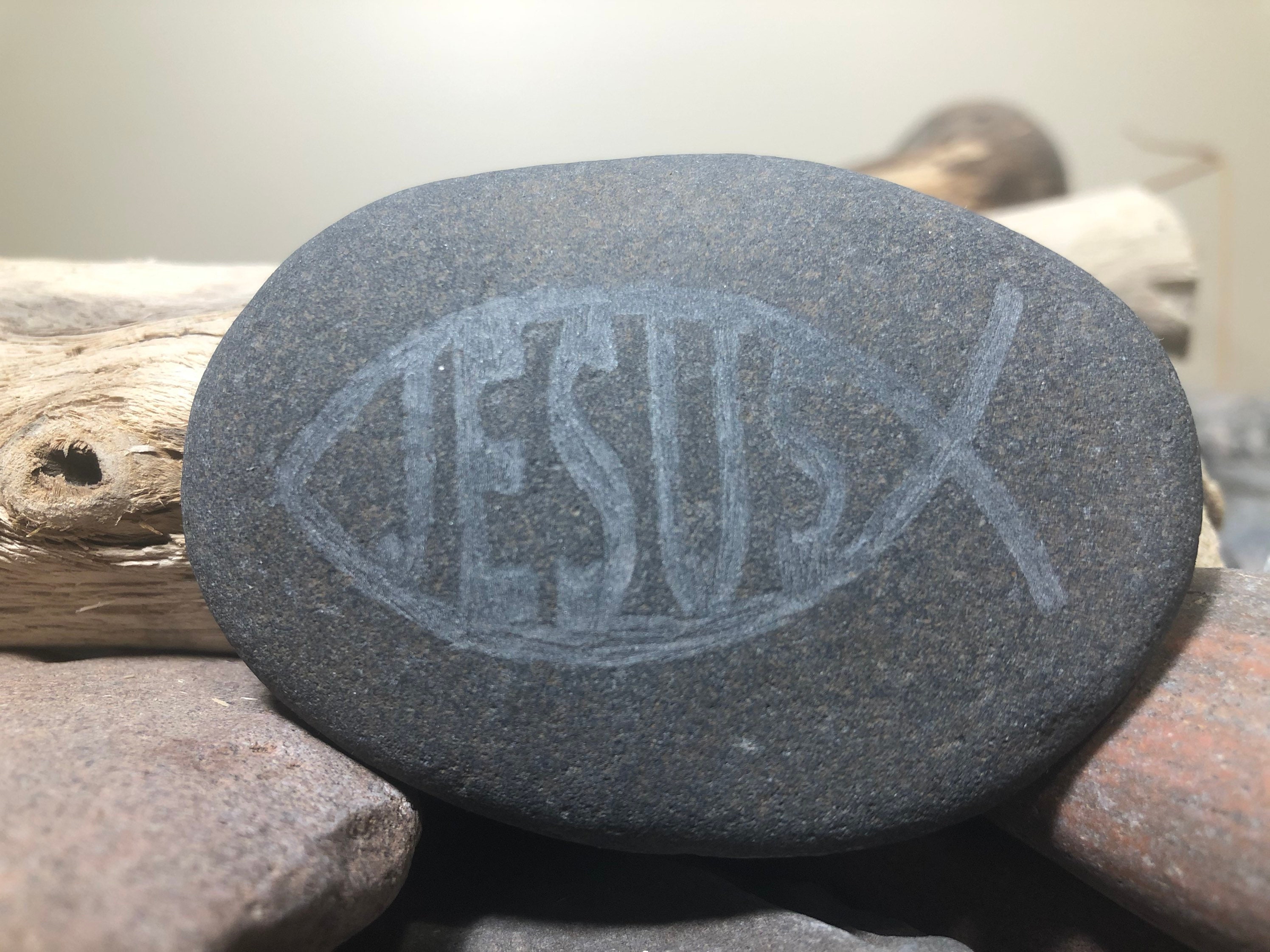 Christian Fish Symbol JESUS Pocket Size Engraved Stone | Etsy