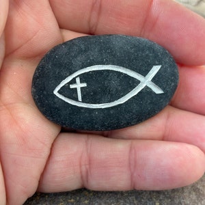 Christian Fish Symbol ICHTHYS- Pocket Size Engraved Stone, Customized ...