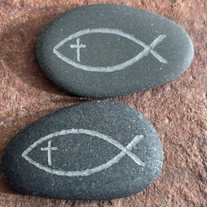 Christian Fish Symbol ICHTHYS- Pocket Size Engraved Stone, Customized ...
