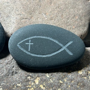 Christian Fish Symbol ICHTHYS- Pocket Size Engraved Stone, Customized ...