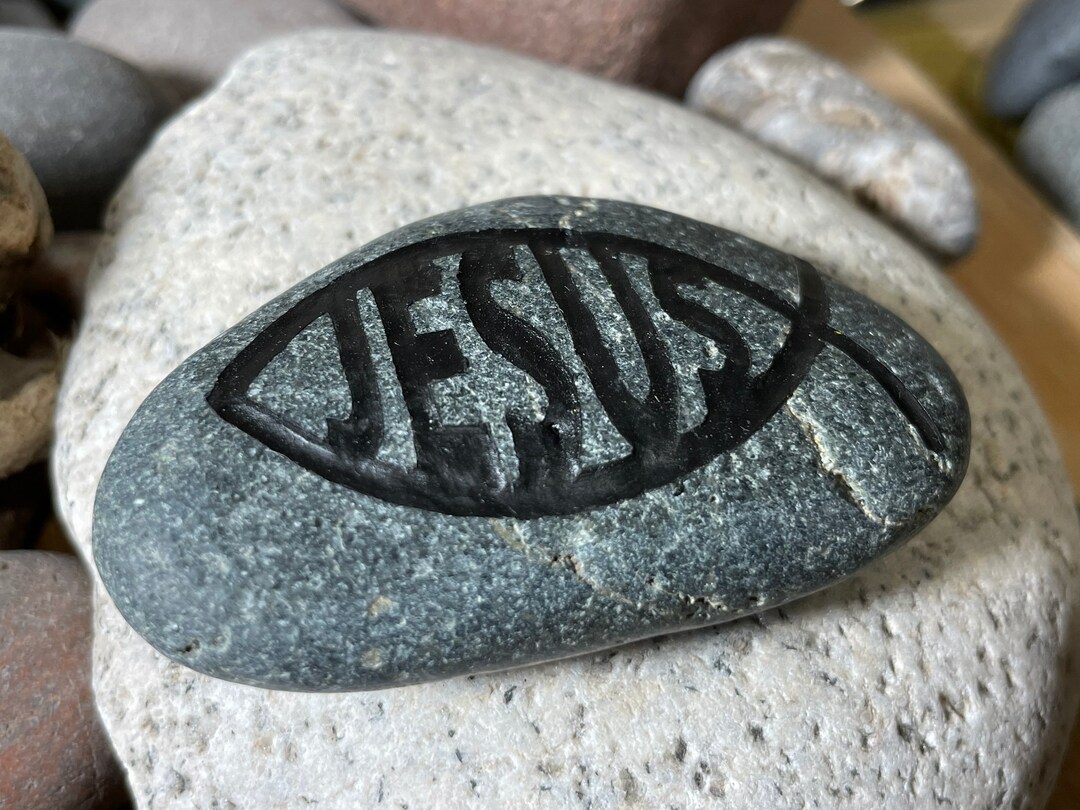Christian Fish Symbol JESUS - Pocket Size Engraved Stone - Etsy