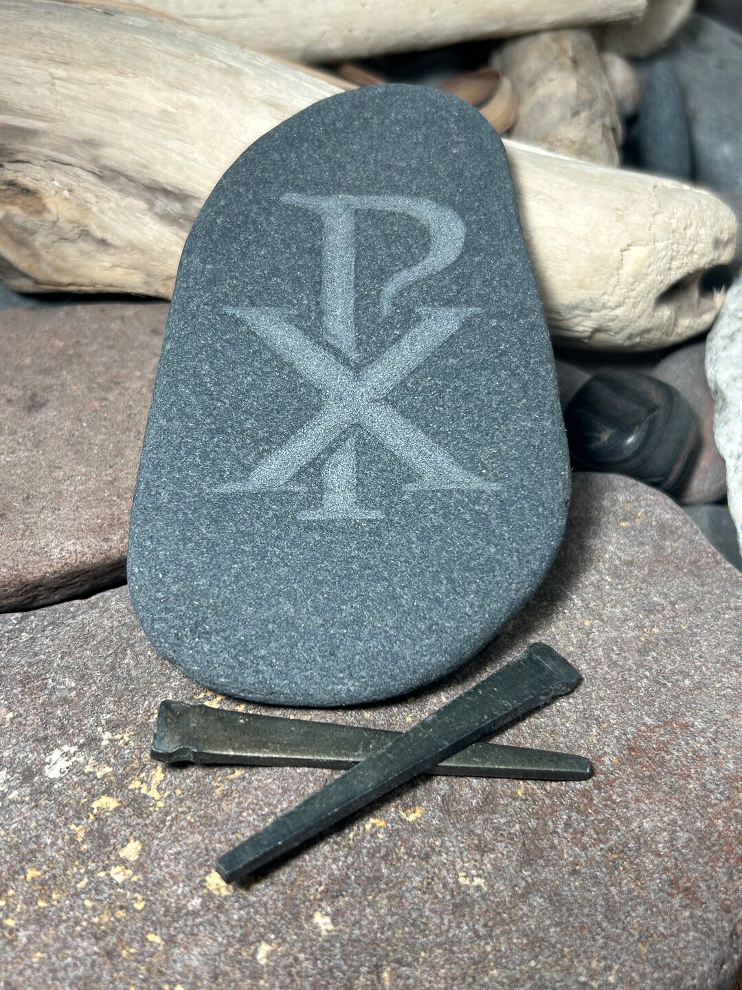 CHI RHO Christian Symbol - Large Size Engraved and Painted Stone From ...