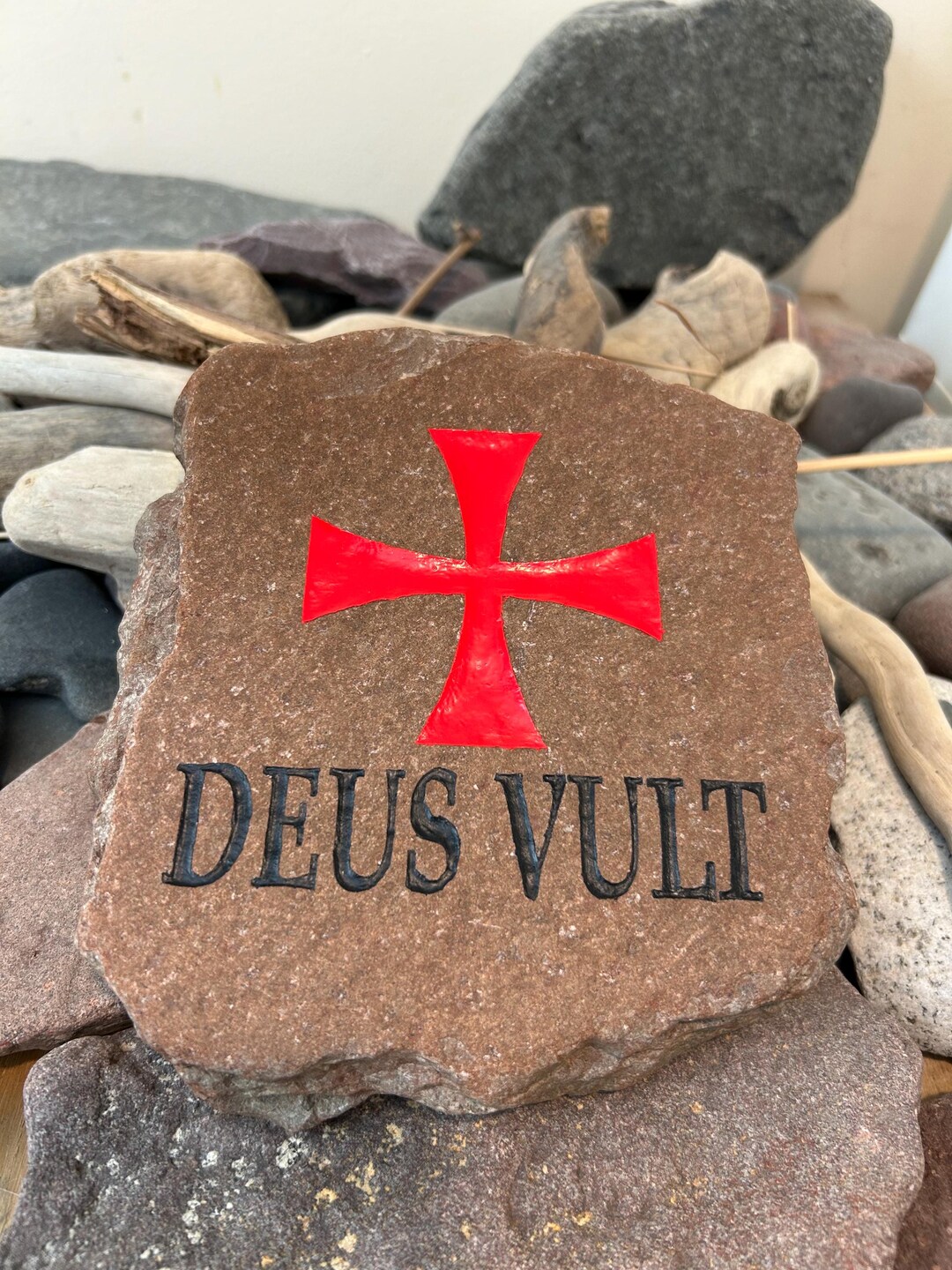 Templar Cross With Deus Vult - Custom Engraved One of a Kind Stone From ...