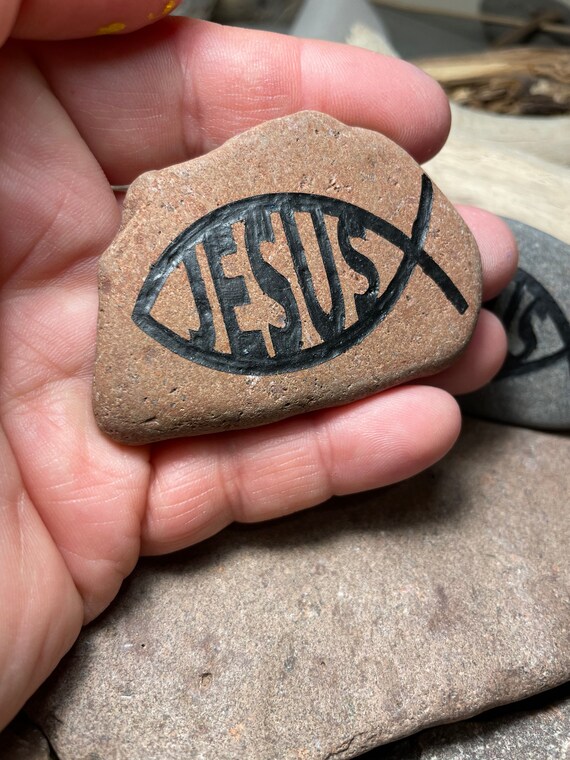 Christian Fish Symbol JESUS Pocket Size Engraved Stone | Etsy